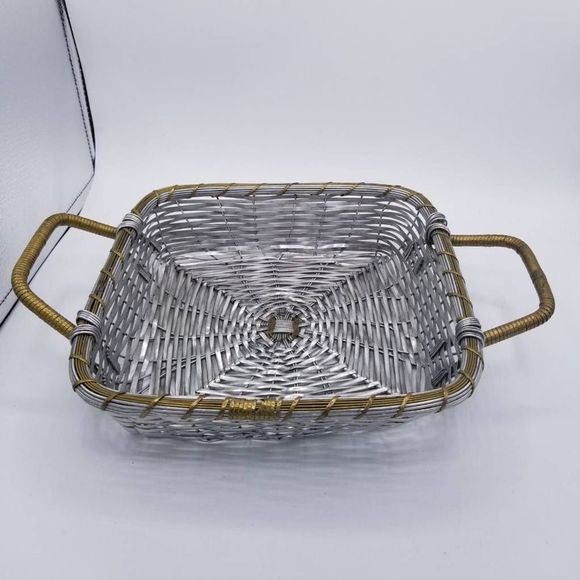 Handmade | Accents | Metaldisplaybasket Silver Gold Woven With Handles ...